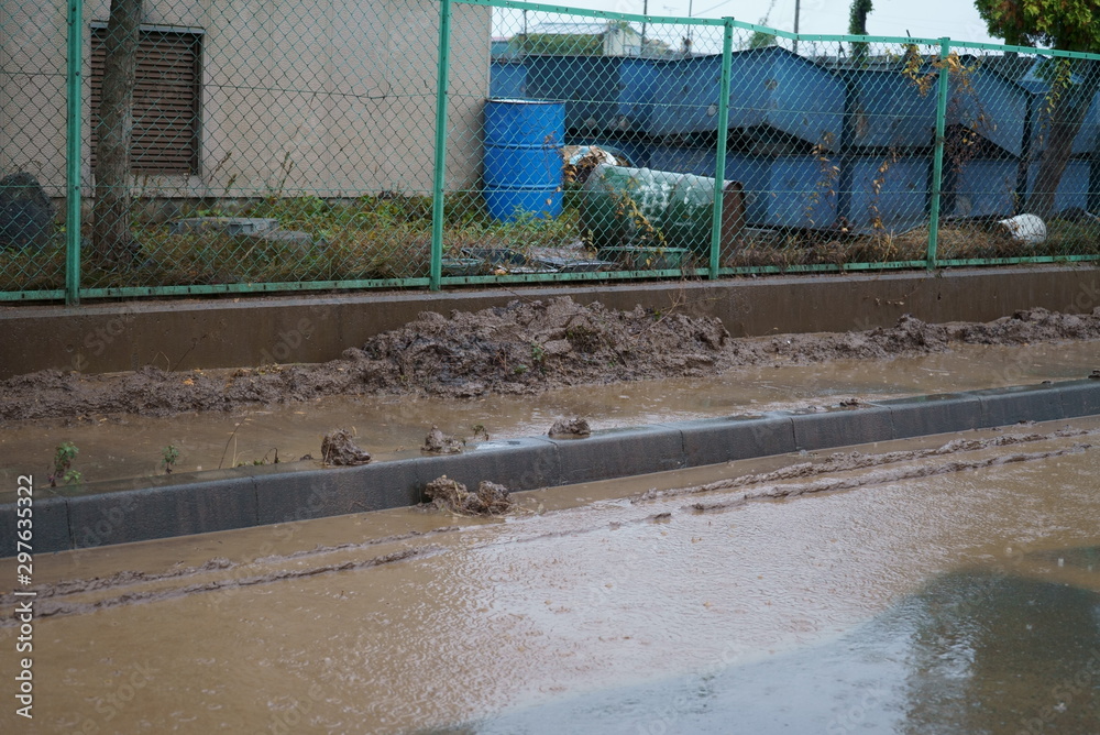 Damage of heavy rain flooding in apple orchard Stock Photo | Adobe Stock