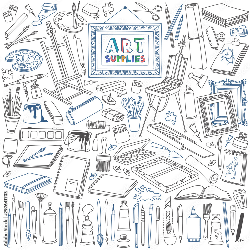 Arts supplies doodle set. Drawing, painting, and design equipment ...