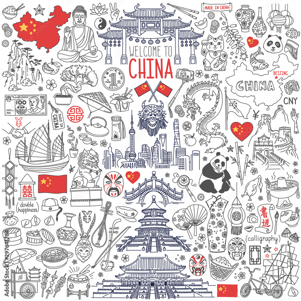 China traditional symbols, food and landmarks doodle set. Chinese ...