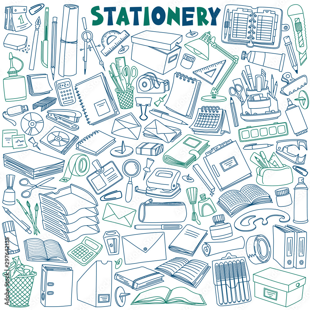 Stationery doodles set. School and office supplies. Vector illustration ...