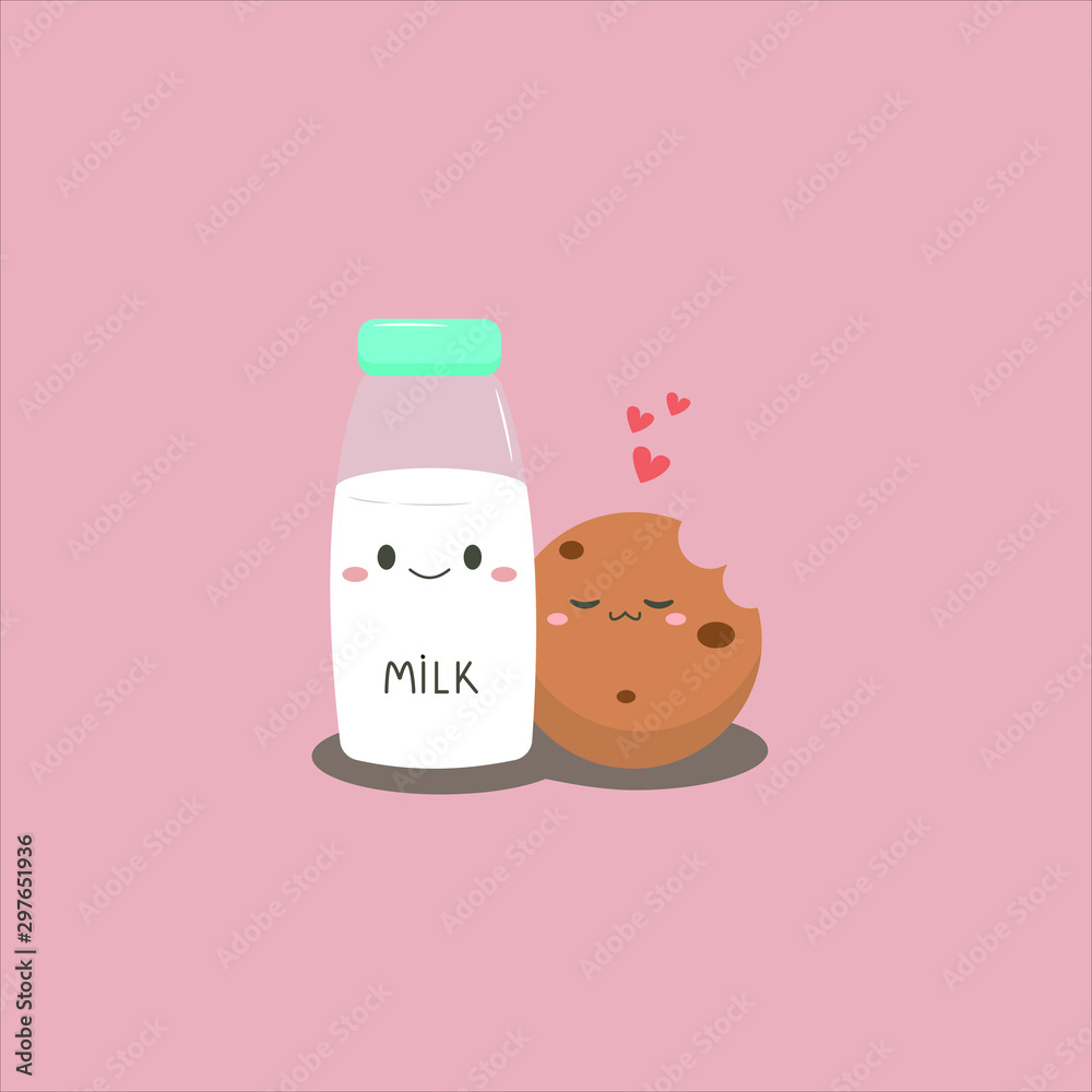 Vector flat illustration with kawaii bottle of milk and bitten cookies ...