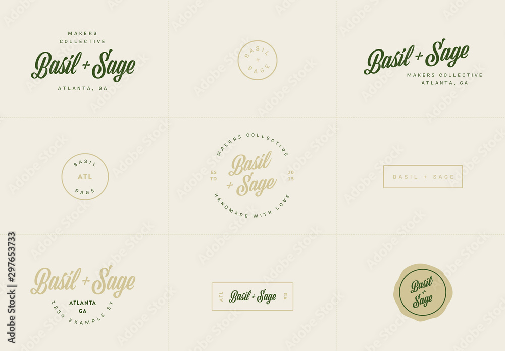 Script Logo Set with Green and Gold Elements Stock Template | Adobe Stock