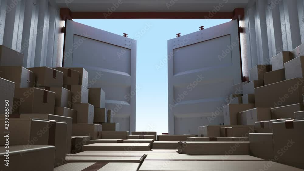 Cargo Shipping Container Opening Doors Slow Motion. Inside View with a ...