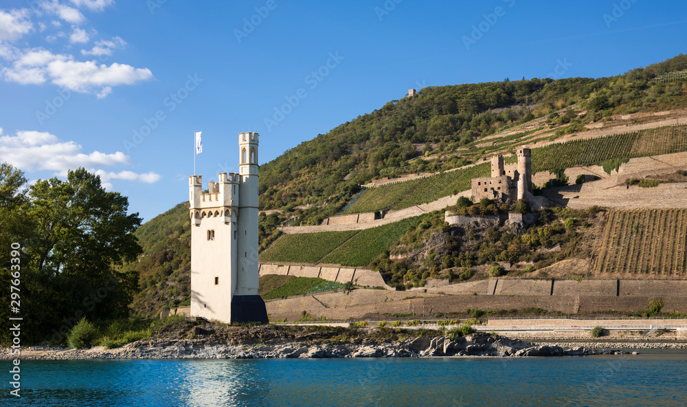 Mouse Tower with historical coloring and ruins of Ehrenfels Castle ...