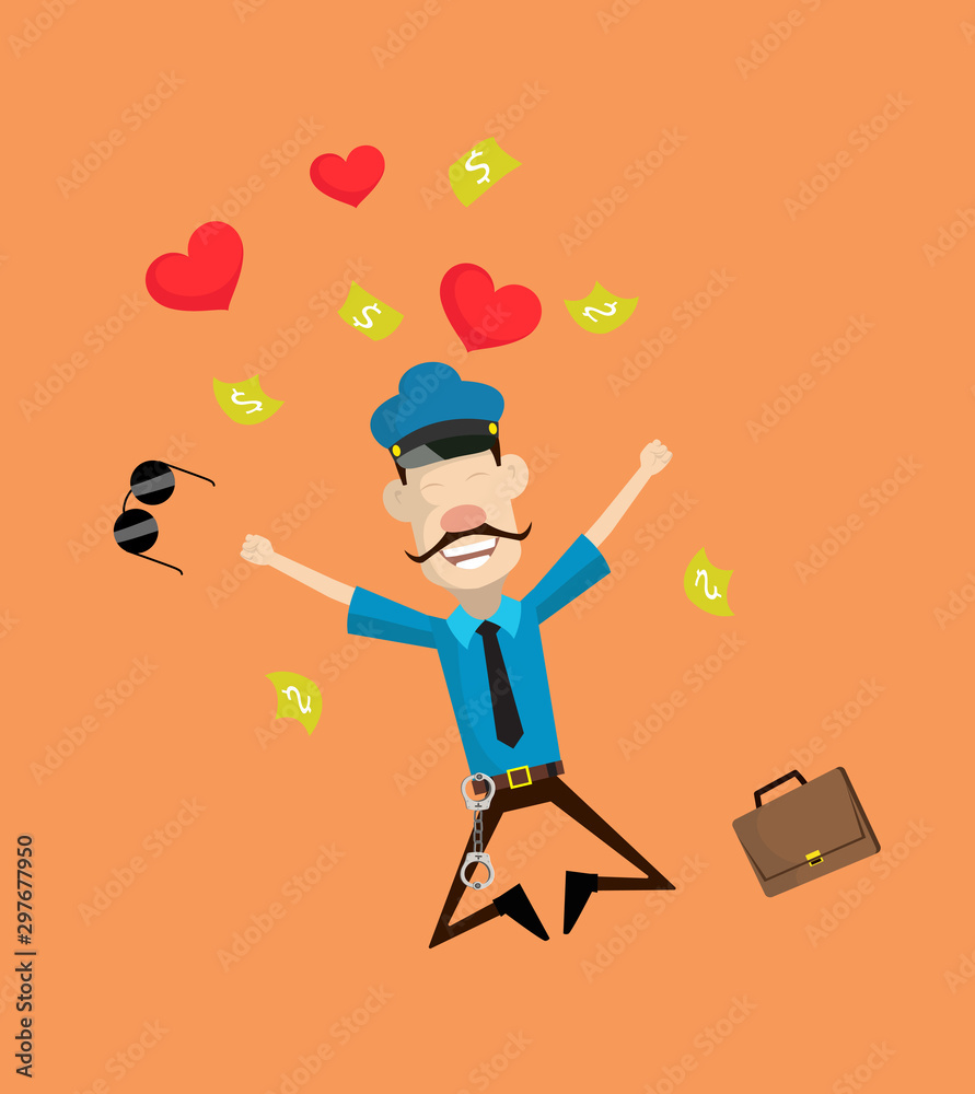 Cartoon Cop Policeman - Jumping with Hearts and Money Stock Vector ...