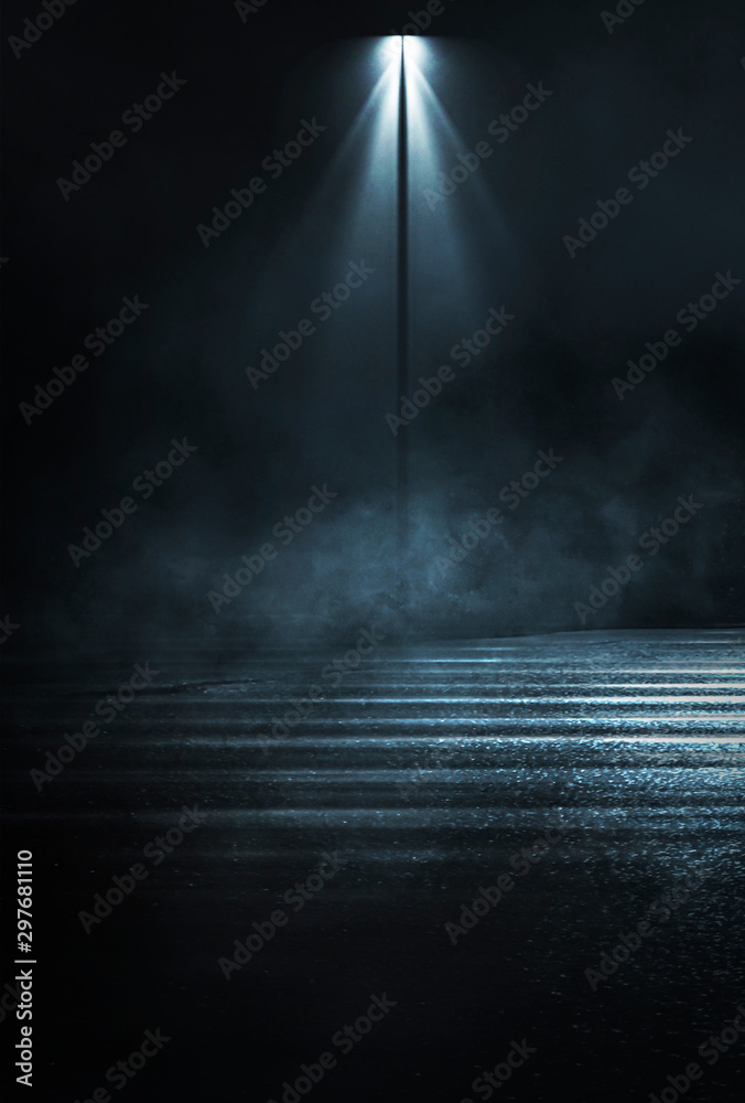 Empty background scene. Dark street reflection on the wet pavement ...