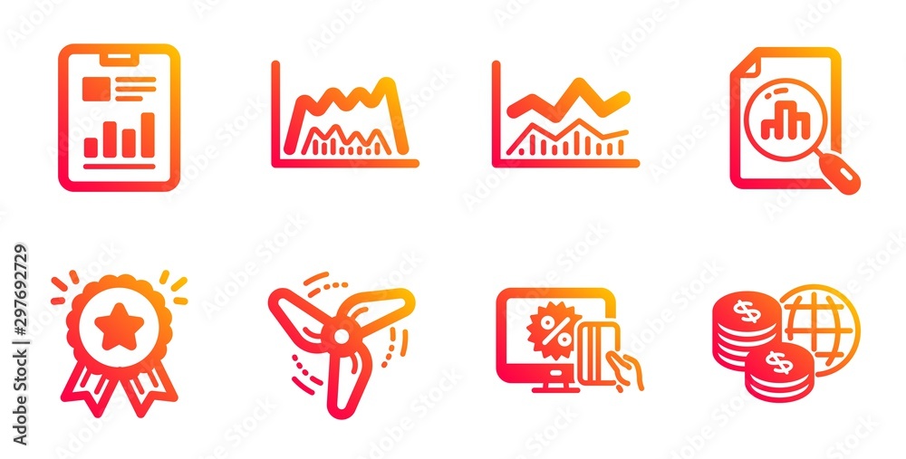 Report document, Analytics graph and Loyalty award line icons set. Wind ...