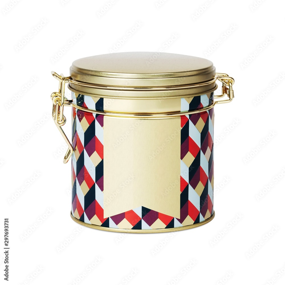 3d round glossy tin can with dome lid and geometric pattern. Container ...