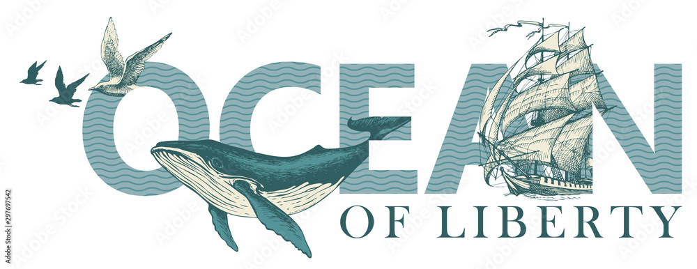 Ocean of liberty, lettering for t-shirt design, logo, badge, icon ...