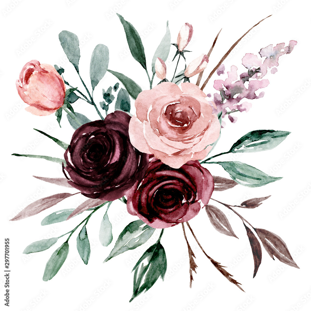 Pink, purple flowers watercolor, floral clip art. Bouquet roses ...