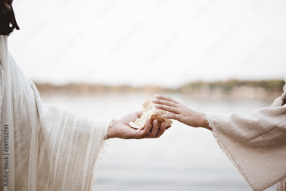Biblical scene - of Jesus Christ giving bread to a female with a ...