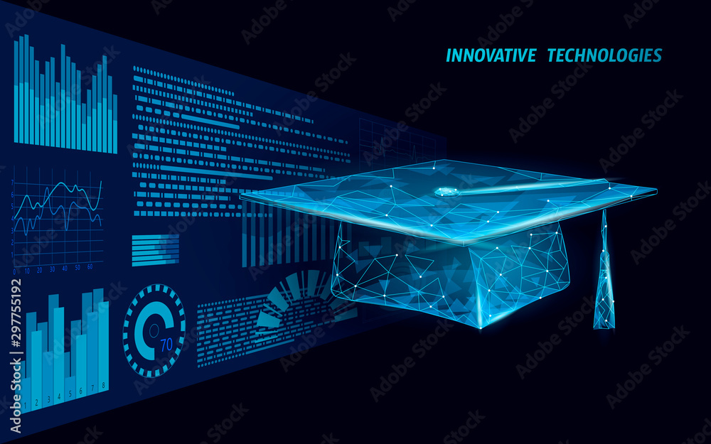 E-learning distance graduate certificate program concept. Low poly 3D ...