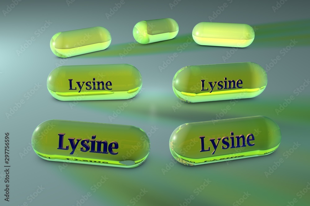 Lysine capsules. Lysine is an essential amino acid used in the ...