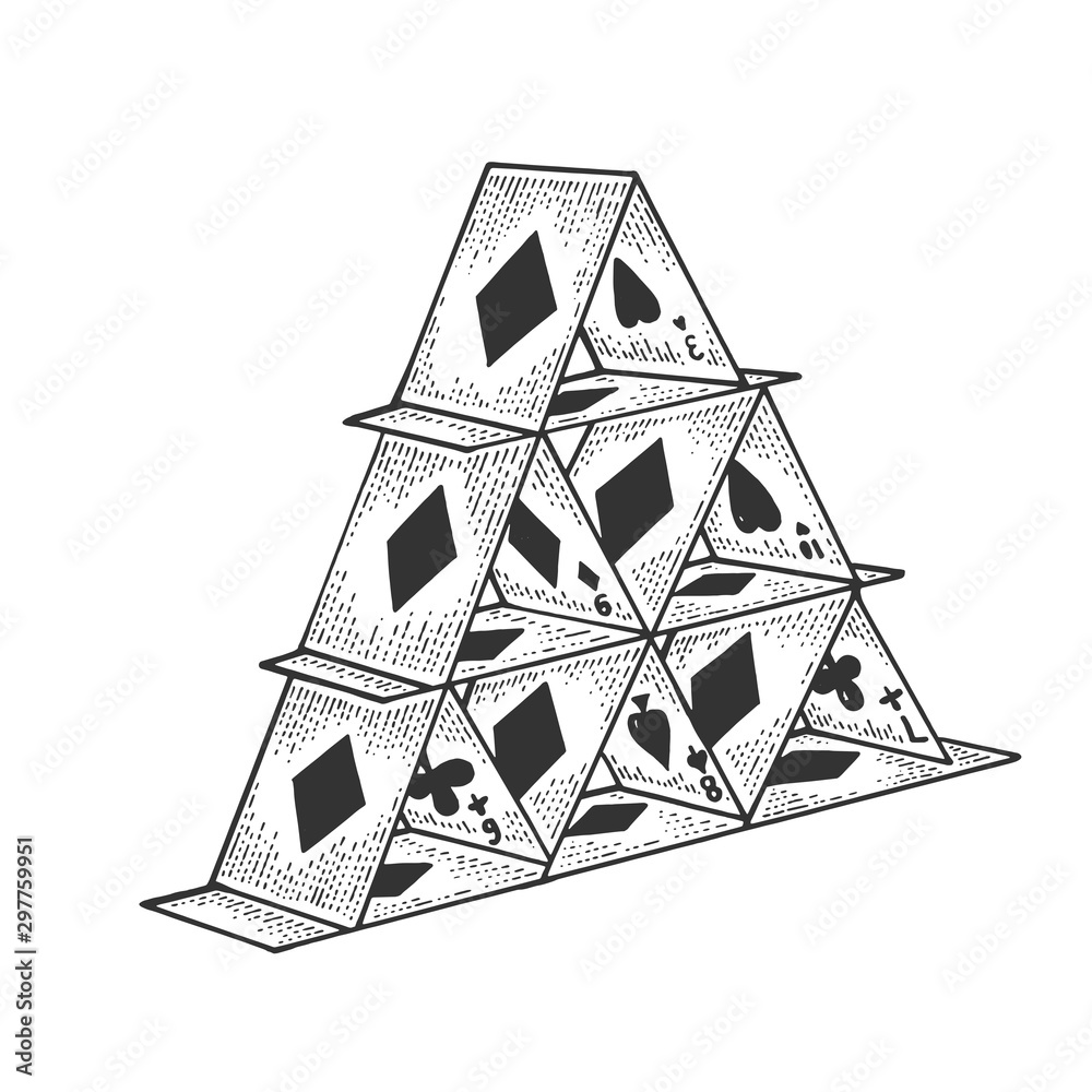Card tower house of cards sketch sketch engraving vector illustration ...