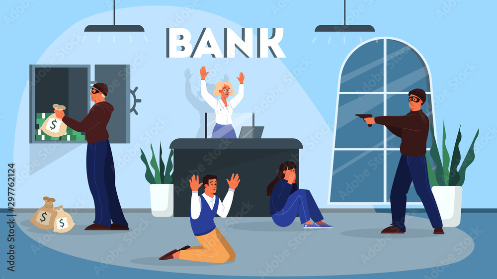 Cartoon style illustration of a bank robbery. Stock Vector | Adobe Stock