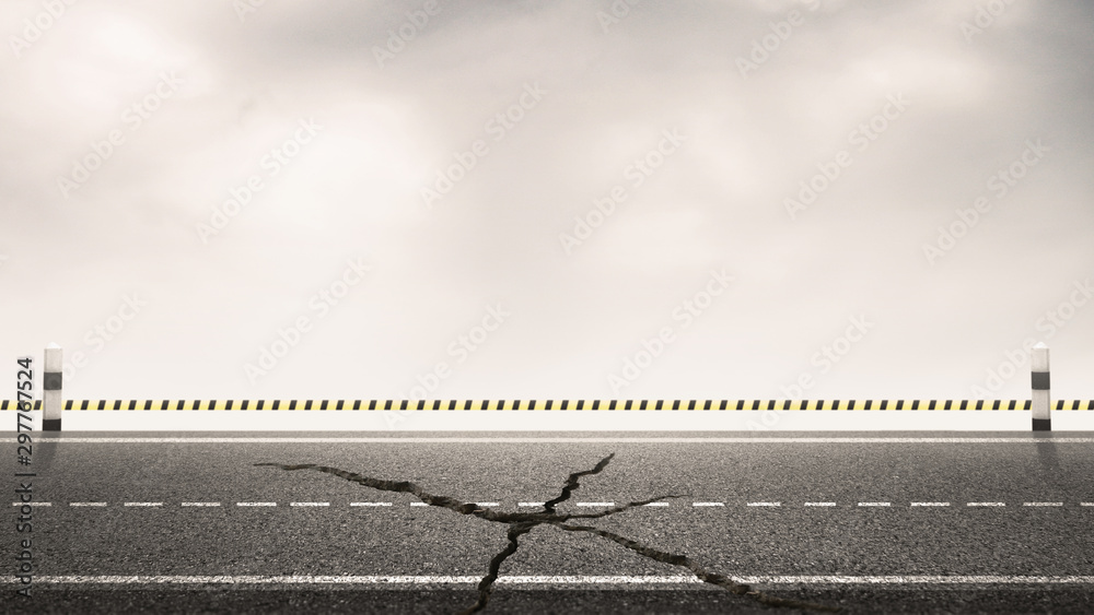 Broken of asphalt highway road with milestones and sky background for ...