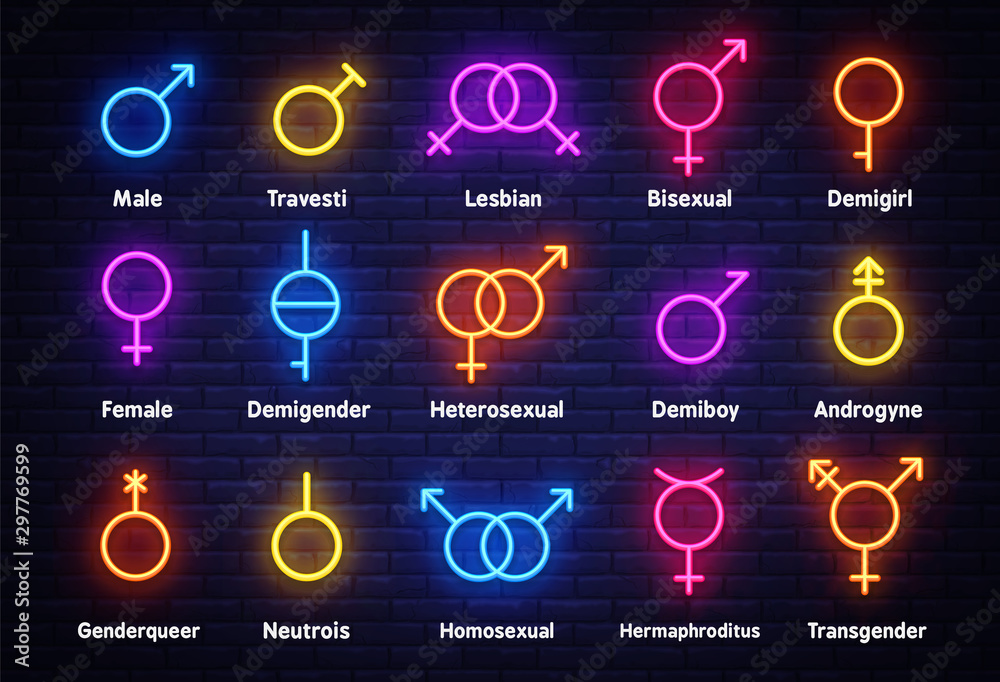 Gender neon icons set. Sexual orientation concept, collection light ...