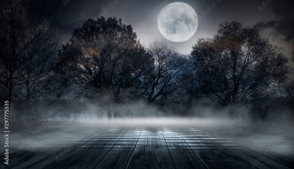 Dark forest. Gloomy dark scene with trees, big moon, moonlight. Smoke ...