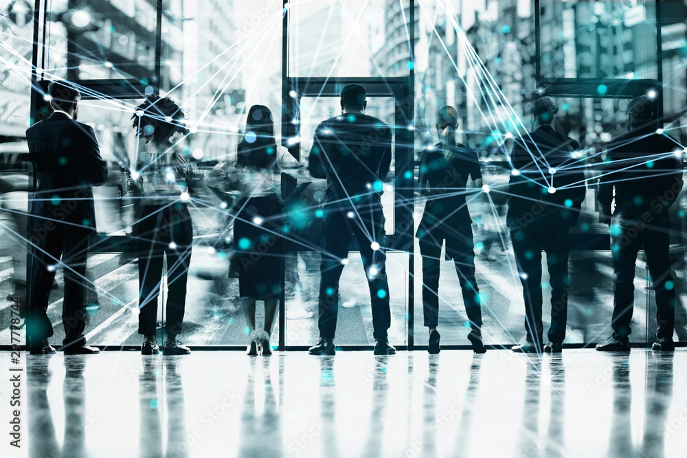 Network background concept with business people silhouette. Double ...