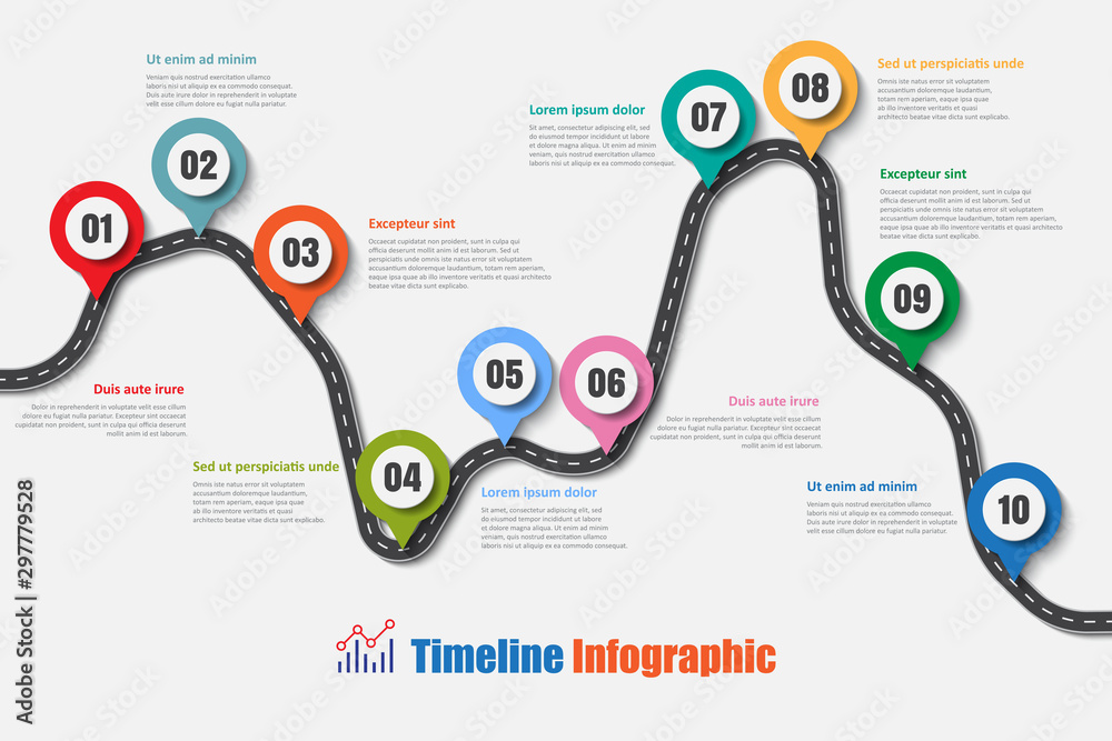 Road map business timeline infographic with 10 steps designed for ...