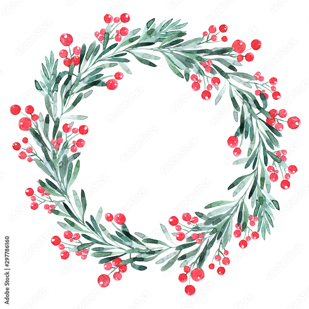 Watercolor Christmas wreath with tree, holly and poinsettia. Hand ...