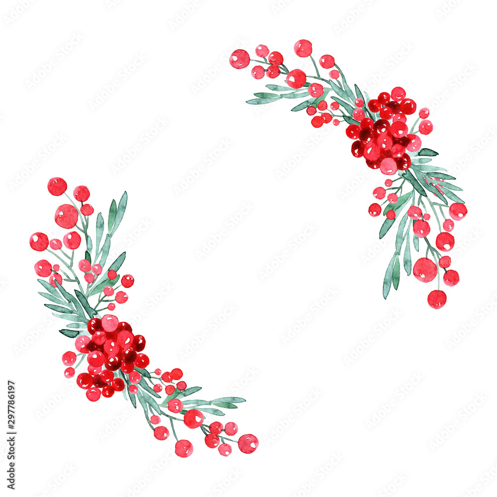 Watercolor Christmas wreath with tree, holly and poinsettia. Hand ...