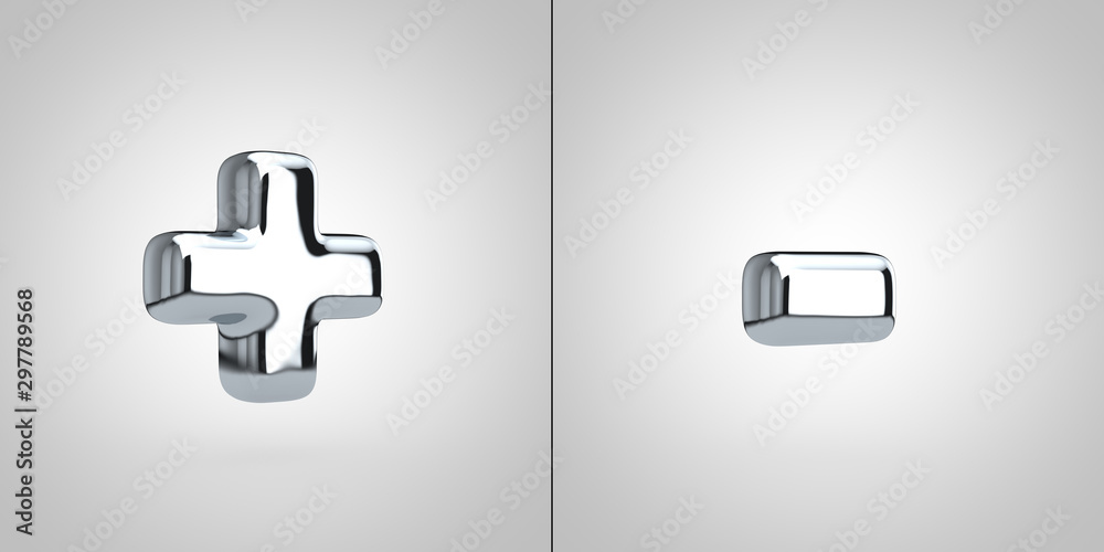 Chrome alphabet symbols plus and minus isolated on white background ...