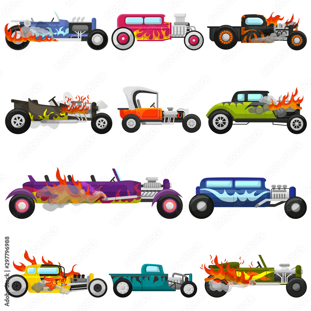Plakat Hot rods car vector muscle racing speedcar on a track and retro ...