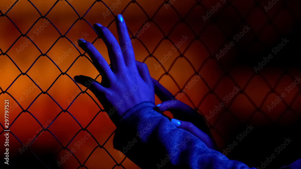 Female hands touching wire fence, woman trying to escape from maniac ...