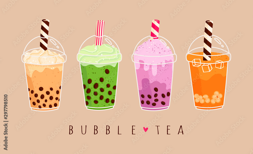Vetor do Stock: Set of various Bubble tea. Milk tea with tapioca pearls ...