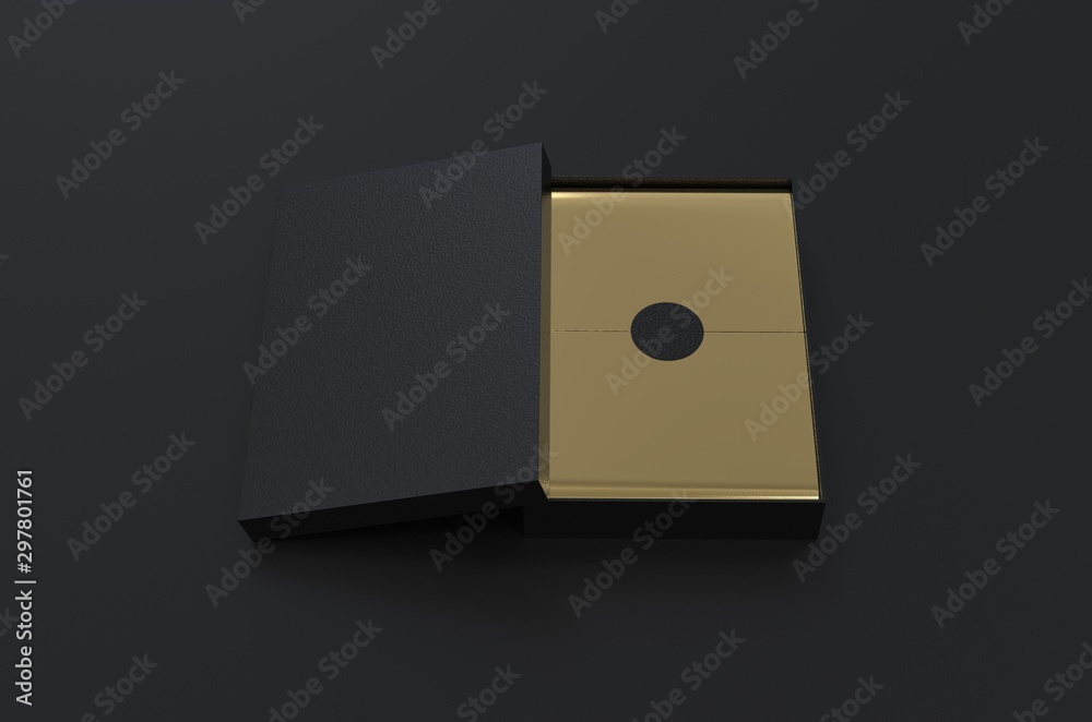 Black Box with gold wrapping paper and black label sticker, mock up ...
