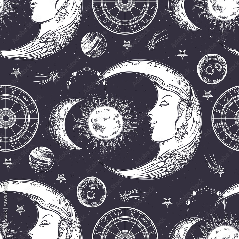 Seamless pattern. Moon face, phases of the moon, sun and crescent ...