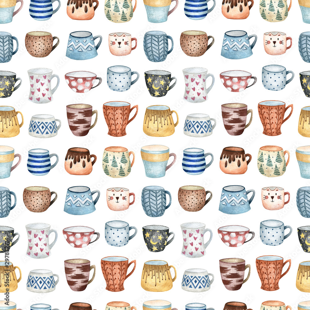Mugs cute seamless pattern. Set of isolated cups on a white background ...