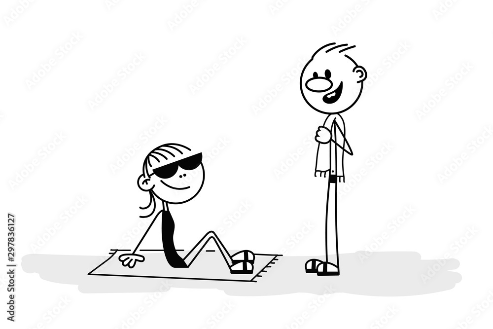 Doodle stick figure: Girl and boy on the beach. Vector. Stock Vector ...