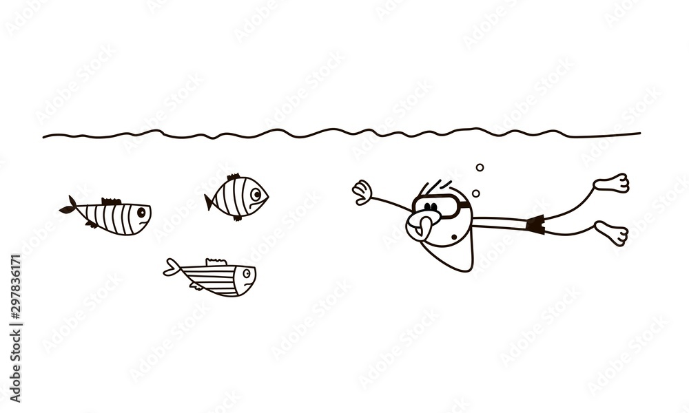 Vetor de Doodle stick figure: boy swim and dive underwater. Vector. do ...