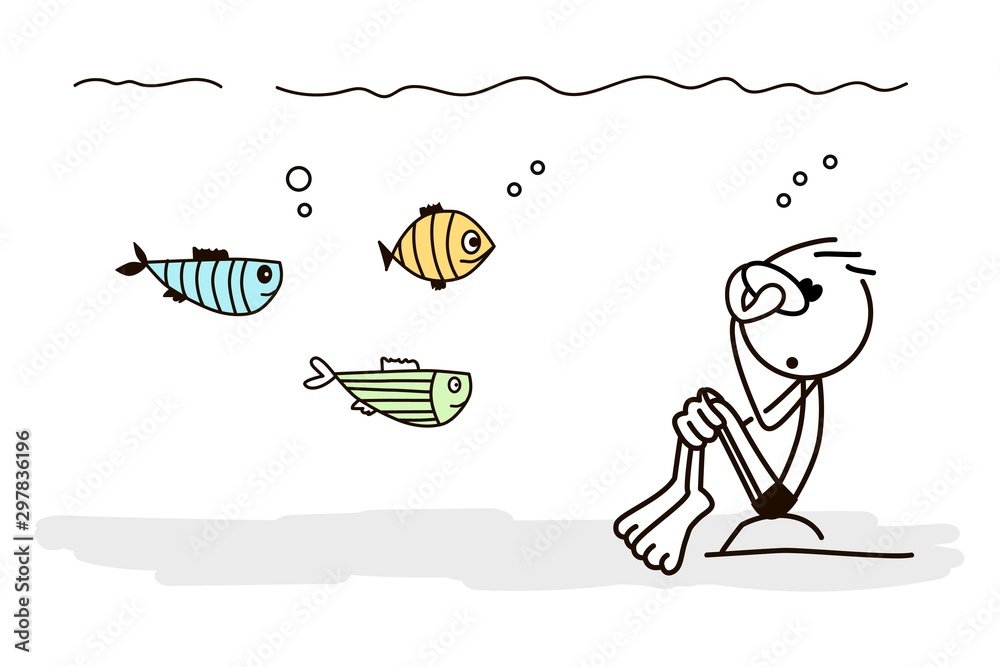 Doodle stick figure: boy swim and dive underwater. Vector. Stock Vector ...