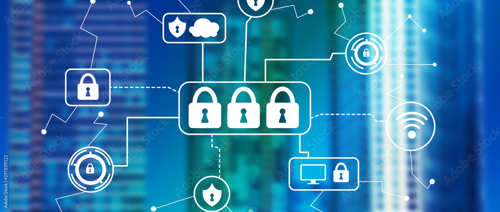 Cyber security theme with downtown San Francisco skyline buildings ...