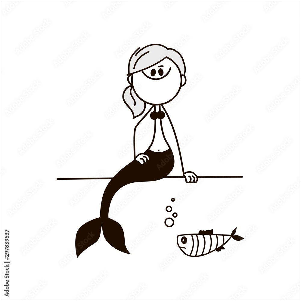 Doodle stick figure: Mermaid with fish - Vector Stock Vector | Adobe Stock
