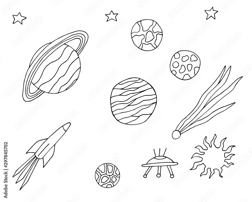 planets and space exploration coloring page contour vector illustration ...