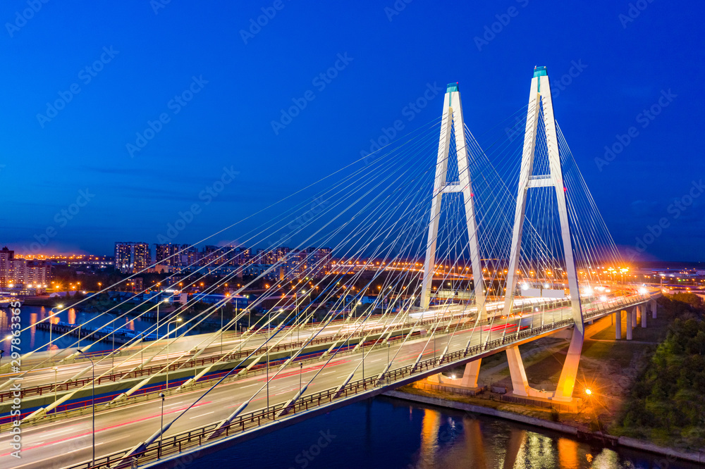 Saint Petersburg. Russia. Big Obukhov bridge at night. Cable-stayed ...