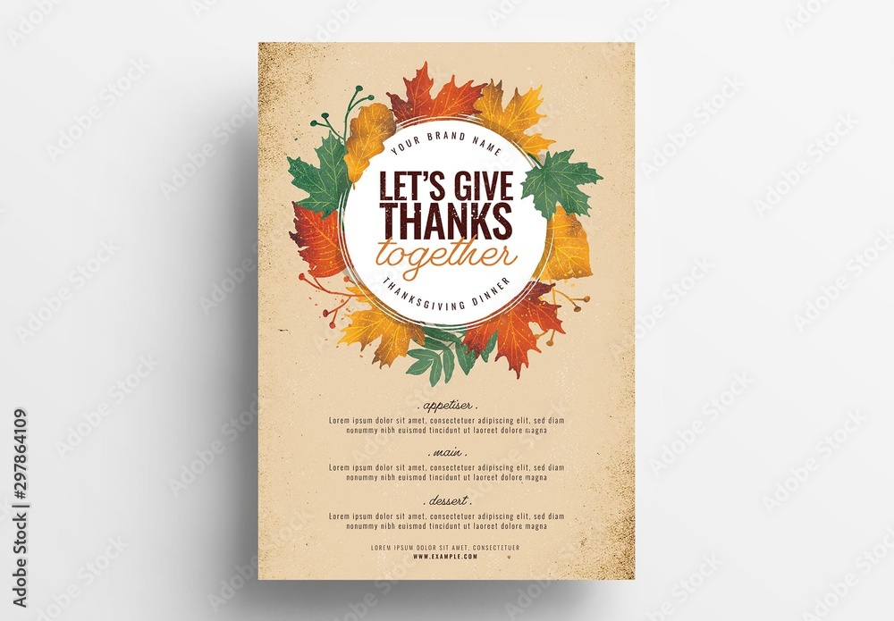 Thanksgiving Dinner Poster Layout with Illustrated Leaves Stock ...