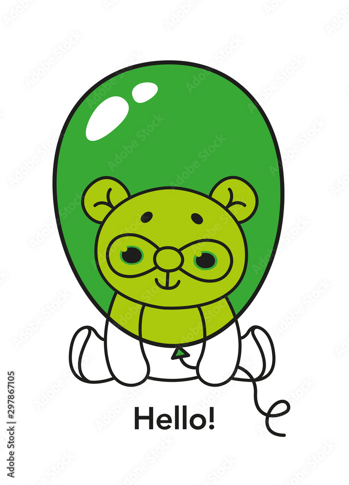 HELLO cute teddy bear with green balloon toy vector cartoon ...