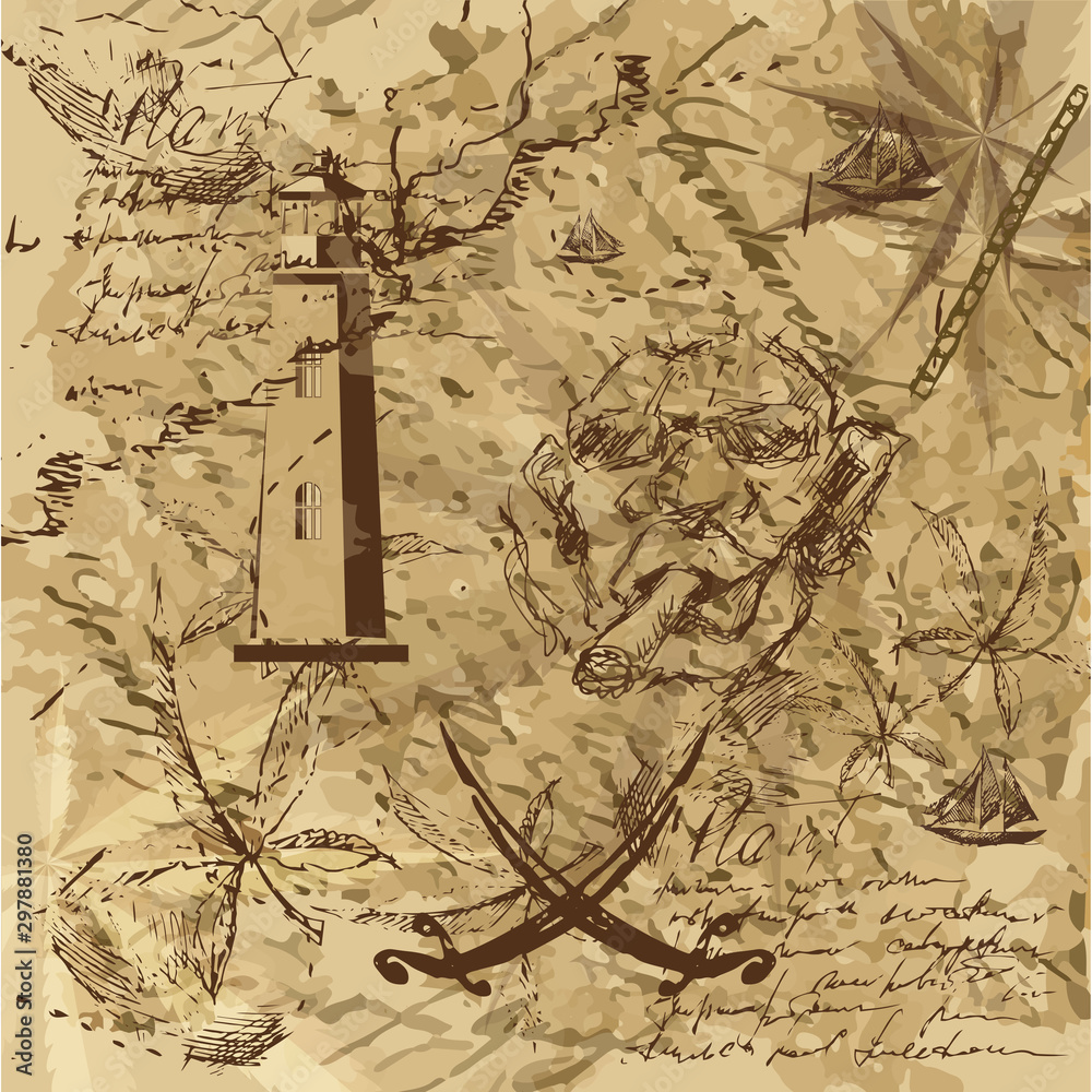 Lighthouse on the background of an old-time sea map with ships. Grunge ...