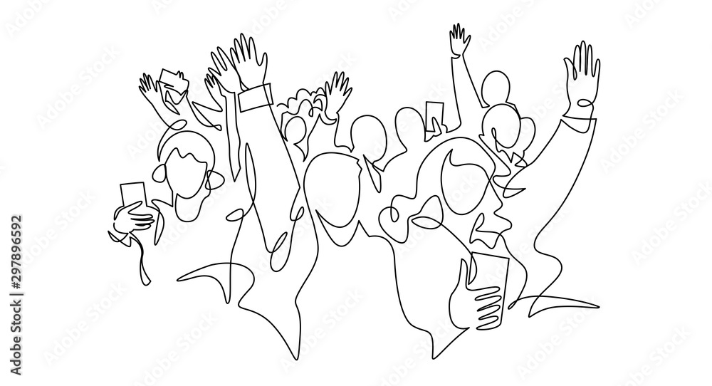 Cheerful crowd cheering illustration. Hands up. Group of applause ...