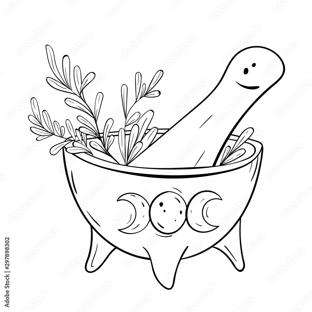 Mortar and Pestle with herbs, triple moon symbol. Witch kitchen. Hand ...