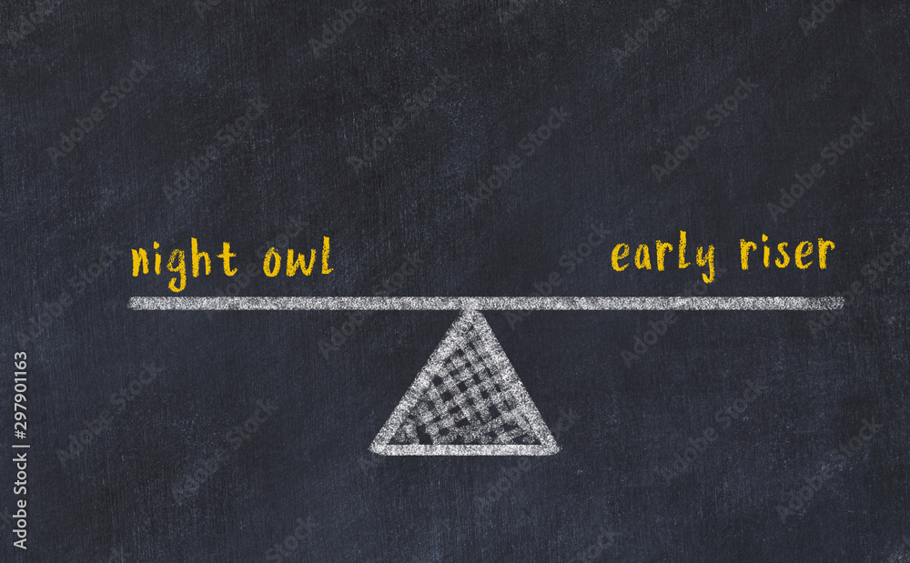 Chalk board sketch of scales. Concept of balance between night owl and ...