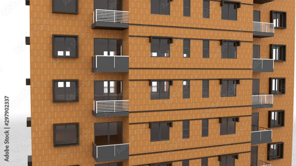 Abstract facade of the residential high-rise building isolated on white ...