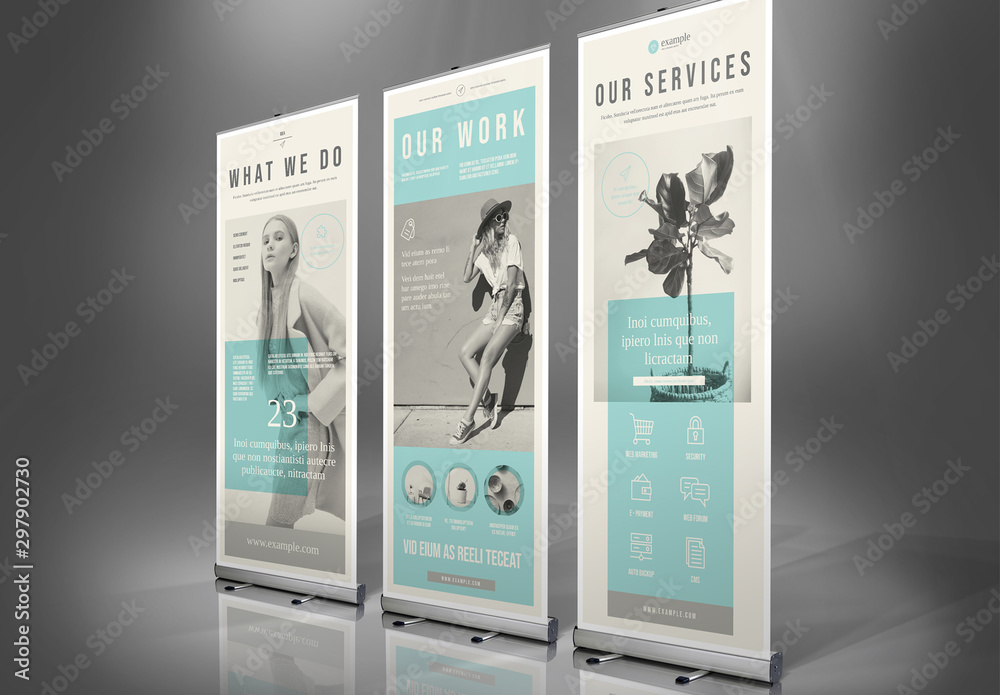 Beige Roll Up Banner Layout with Cyan Elements Stock Template | Adobe Stock