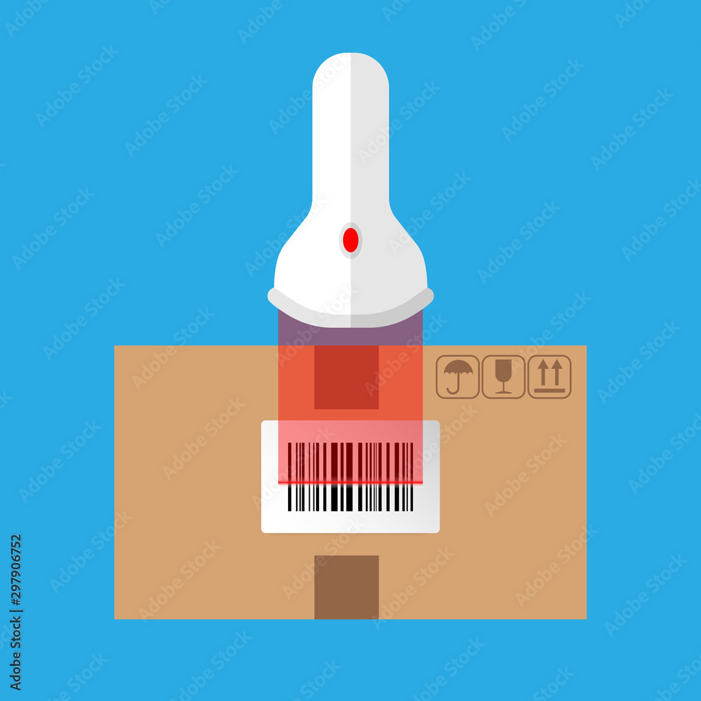 Flat design of box with barcode sticker on top. Scanning barcode label ...