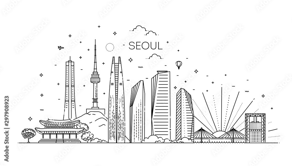 Seoul architecture skyline illustration Stock 일러스트레이션 | Adobe Stock